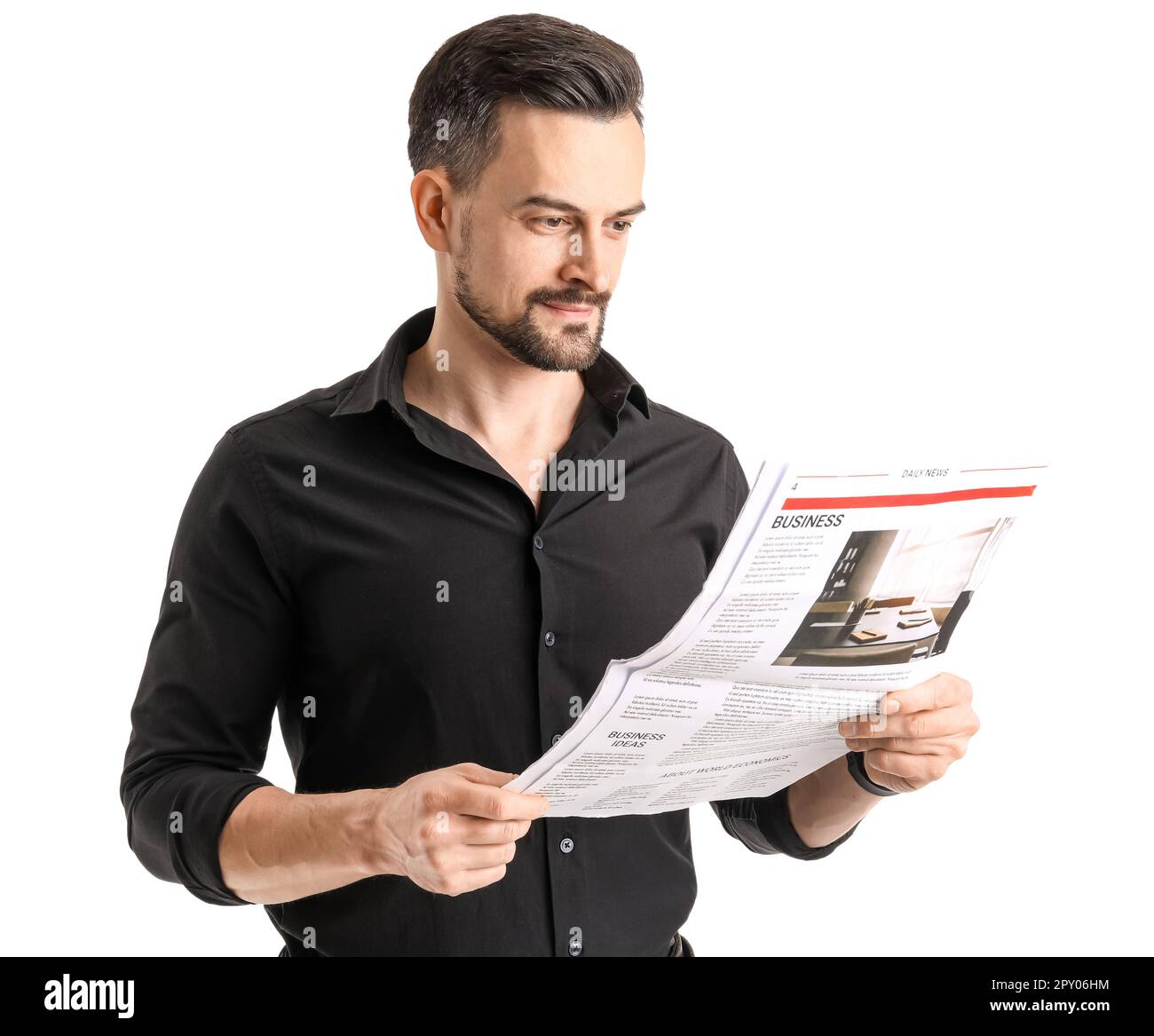 Handsome Businessman Reading Newspaper On White Background Stock Photo