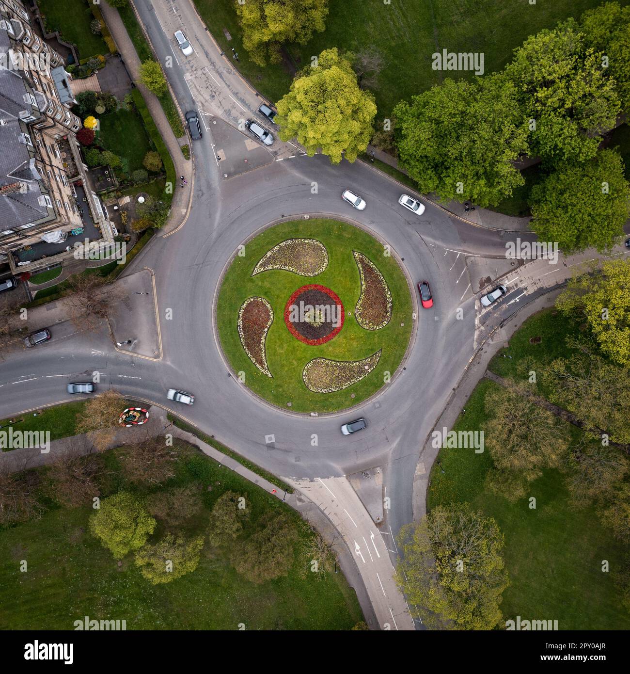 Aerial view directly above a road roundabout in Harrogate, North ...