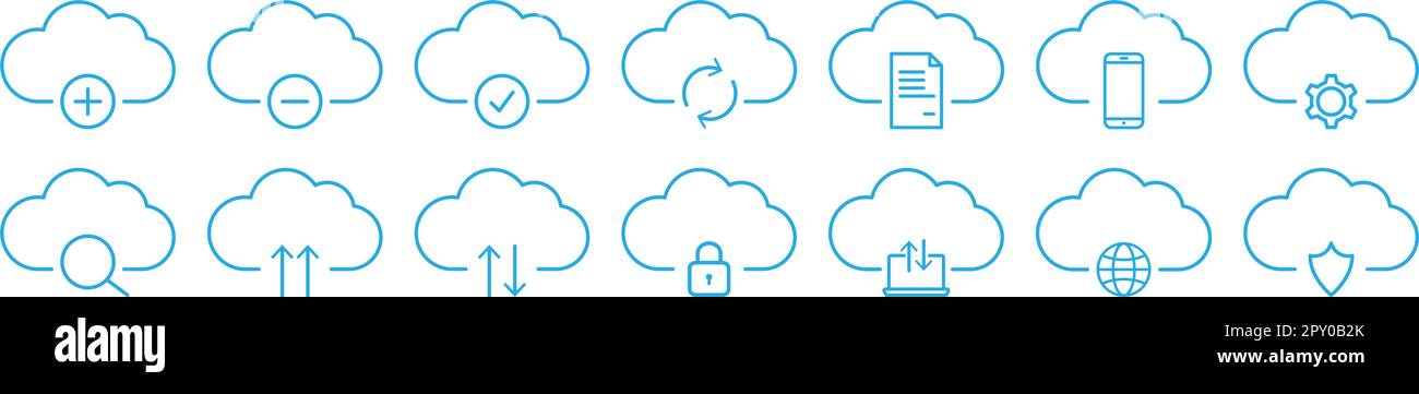Set of blue computer cloud icons. Vector illustration isolated on white ...