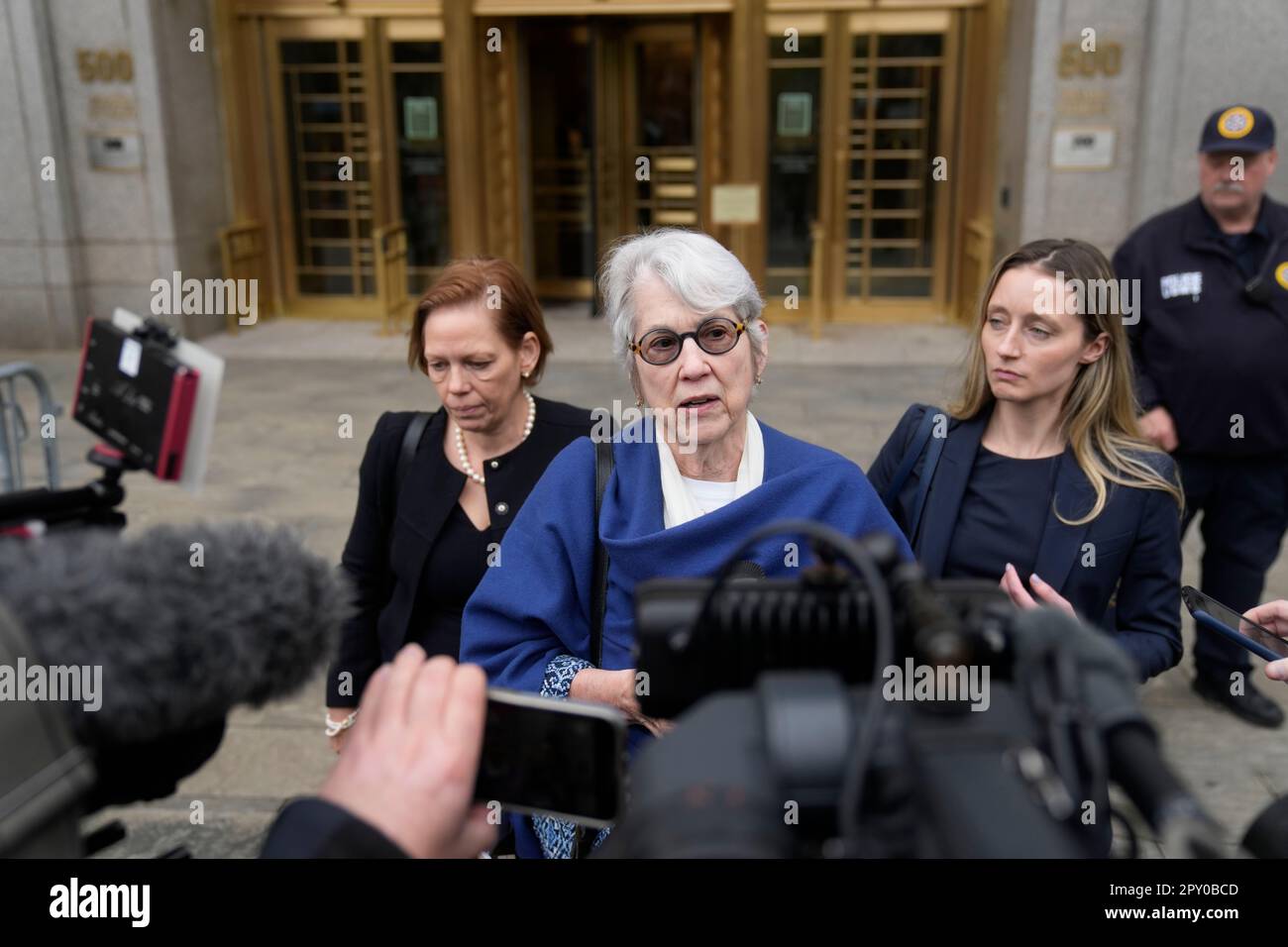 Jessica Leeds talks to reporters as she leaves the federal courthouse ...