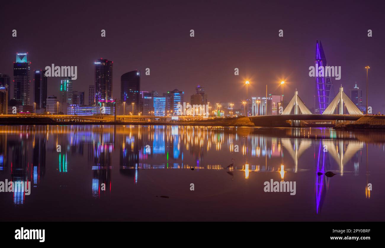 Manama illuminated downtown on the shore of Persian gulf, Manama ...