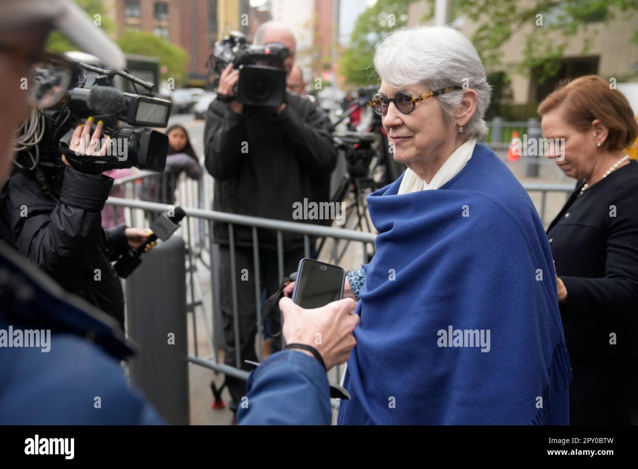 Jessica Leeds talks to reporters as she leaves the federal courthouse ...