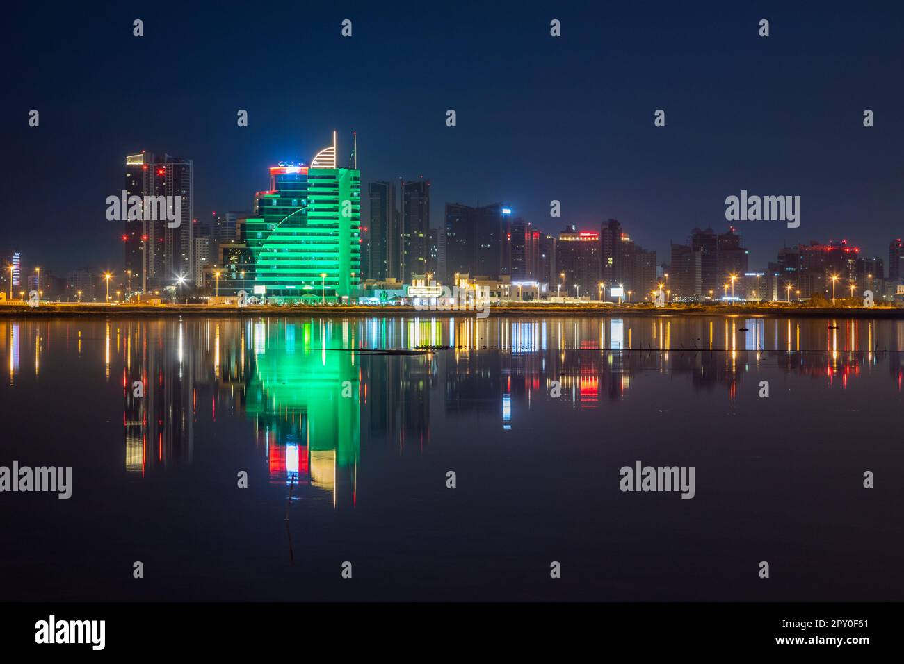 Manama illuminated downtown on the shore of Persian gulf, Manama ...