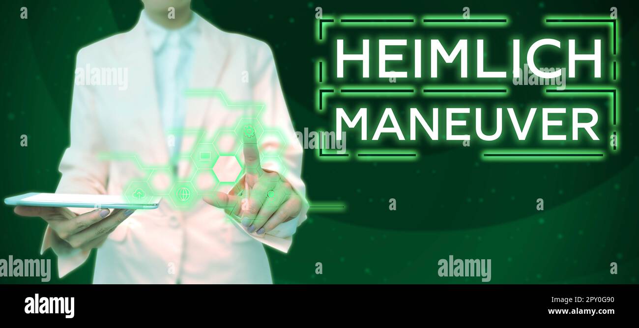 Hand writing sign Heimlich Maneuver, Business showcase application of ...