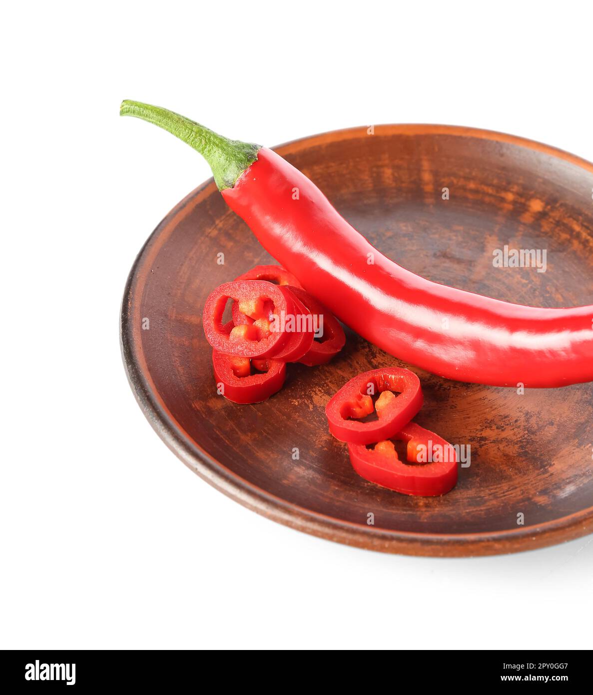Plate with fresh chili peppers on white background Stock Photo - Alamy