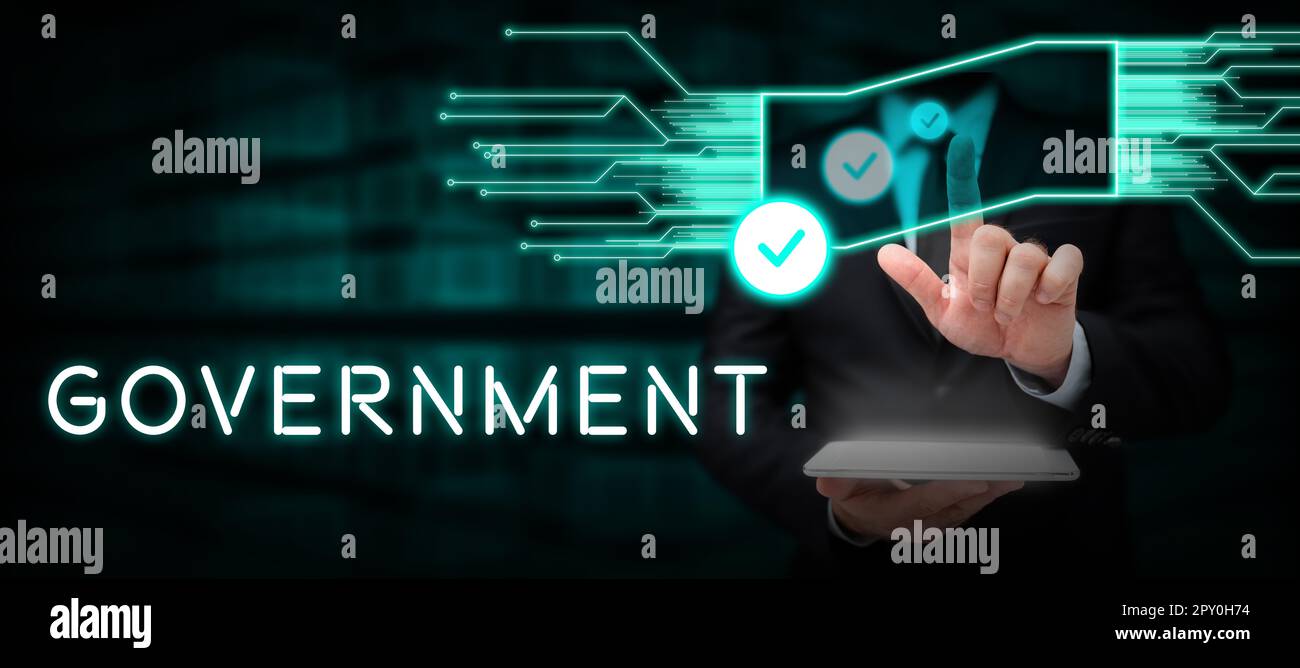 Hand writing sign Government, Business showcase Group of people with ...