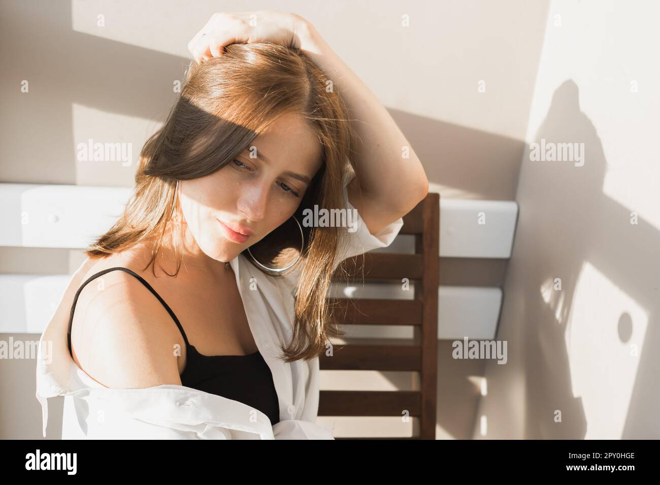 Portrait relaxed woman sit relaxing in comfortable chair feel peaceful ...