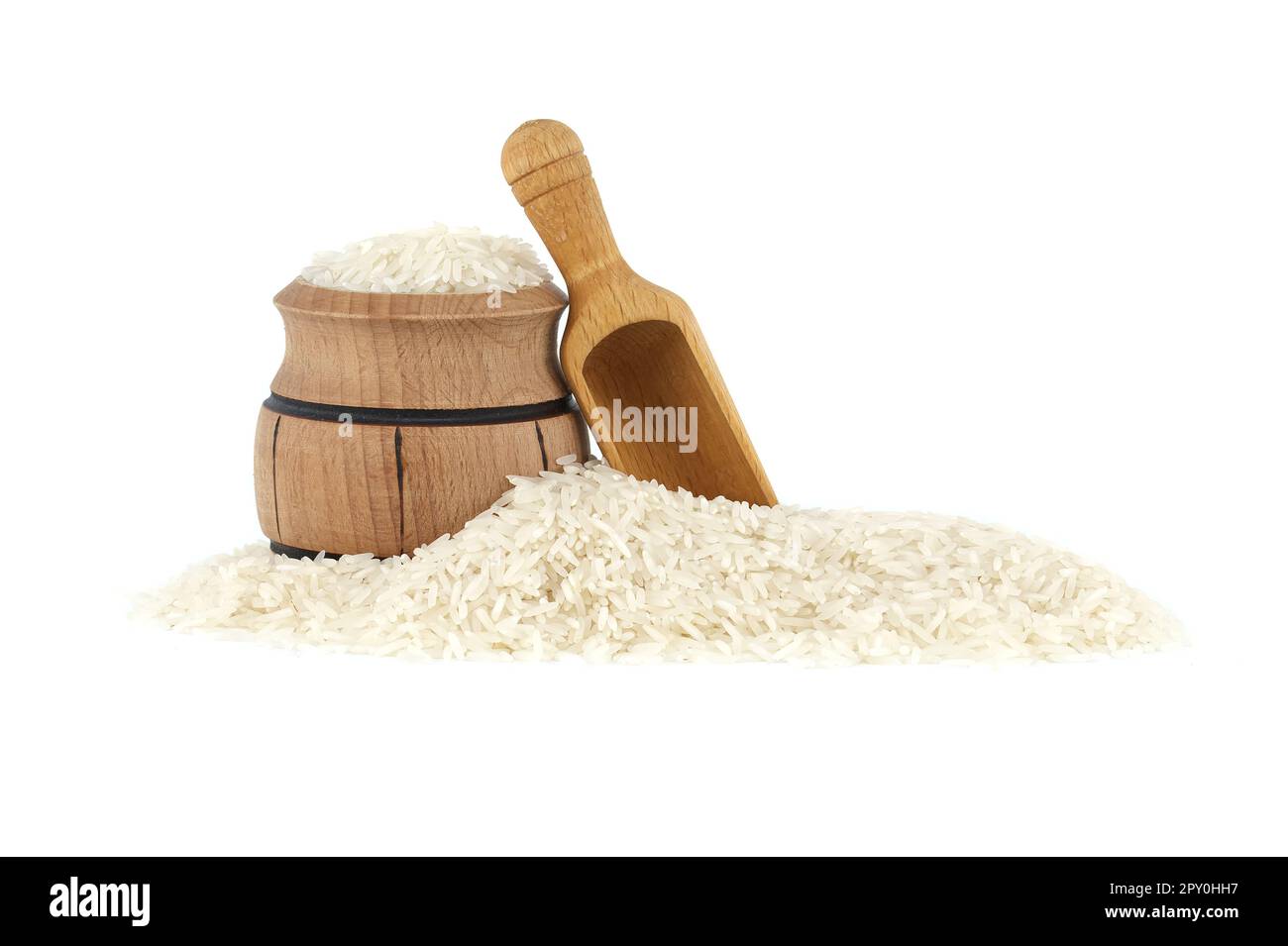 Dry long-grain rice in small wooden barrel and wooden scoop isolated on ...