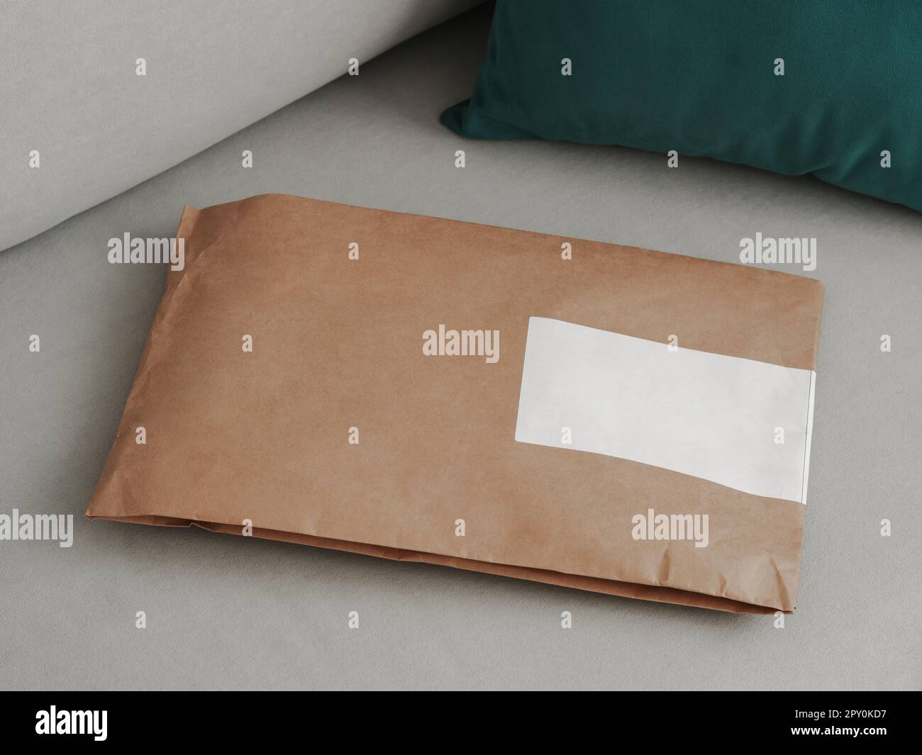 Craft paper soft pack on gray scandinavian sofa background with blank ...