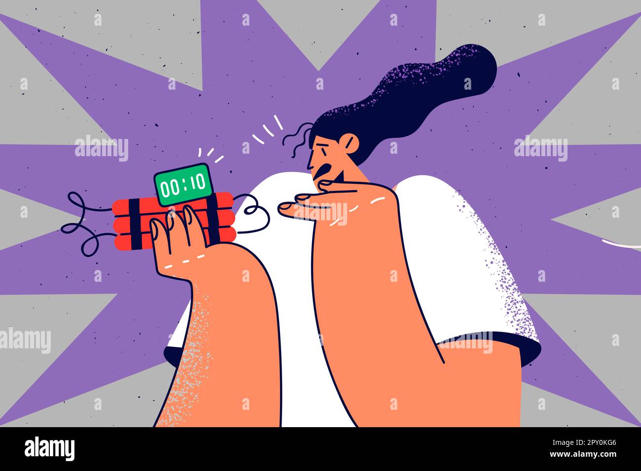 Scared woman hold dynamite in hands terrified with explosive ...