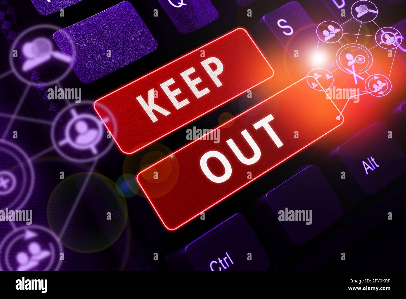 Hand writing sign Keep Out, Word Written on to stop someone or ...
