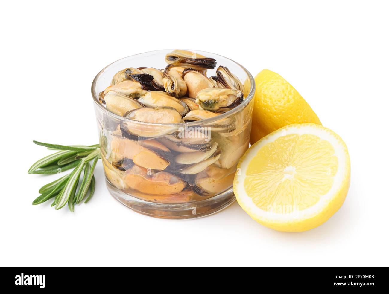Marinated mussels in glass with lemon halves on white background Stock ...