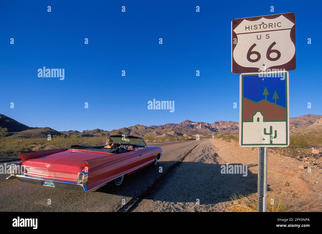 USA, Desert Southwest, Arizona, Oatman, Route 66, 1962 Cadillac ...