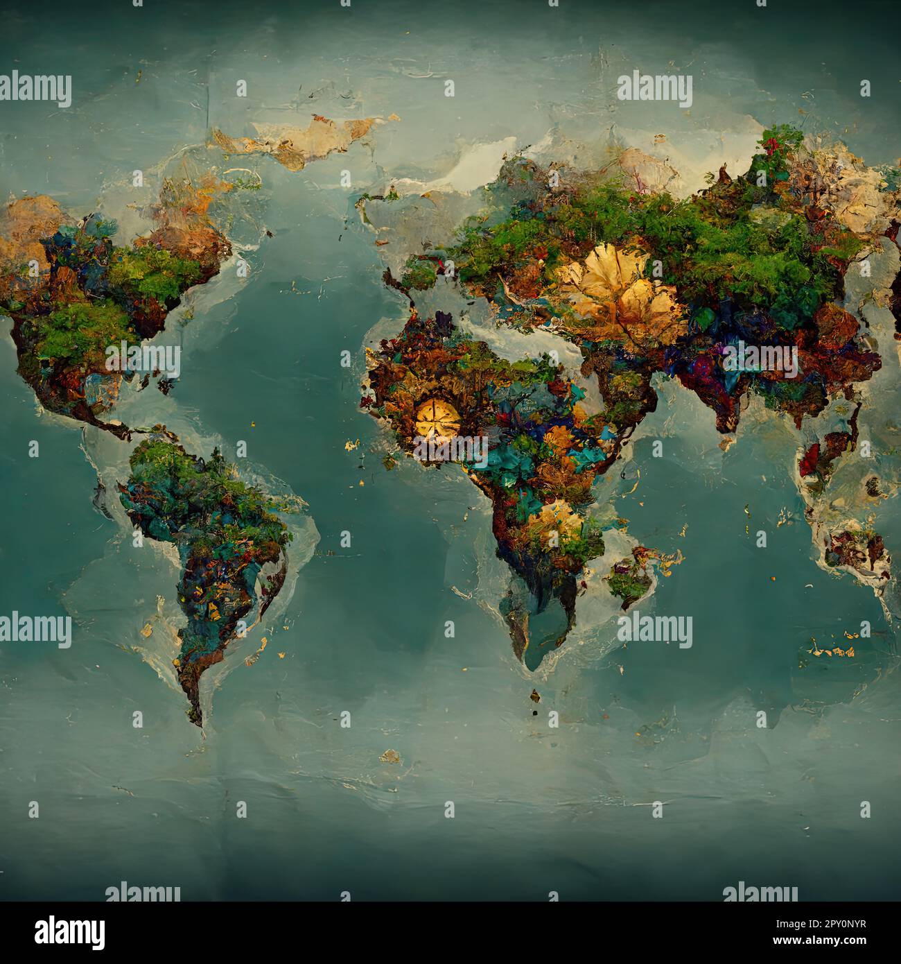 This painting depicts a world map in a rainbow of colors, showcasing ...