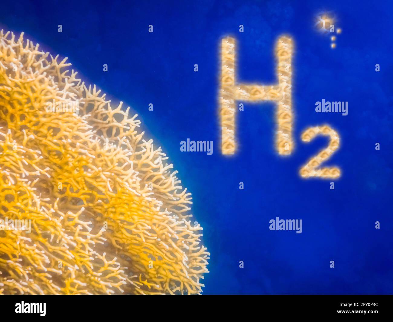 3D illustration renewable pure energy yellow h2 hydrogen letters and ...