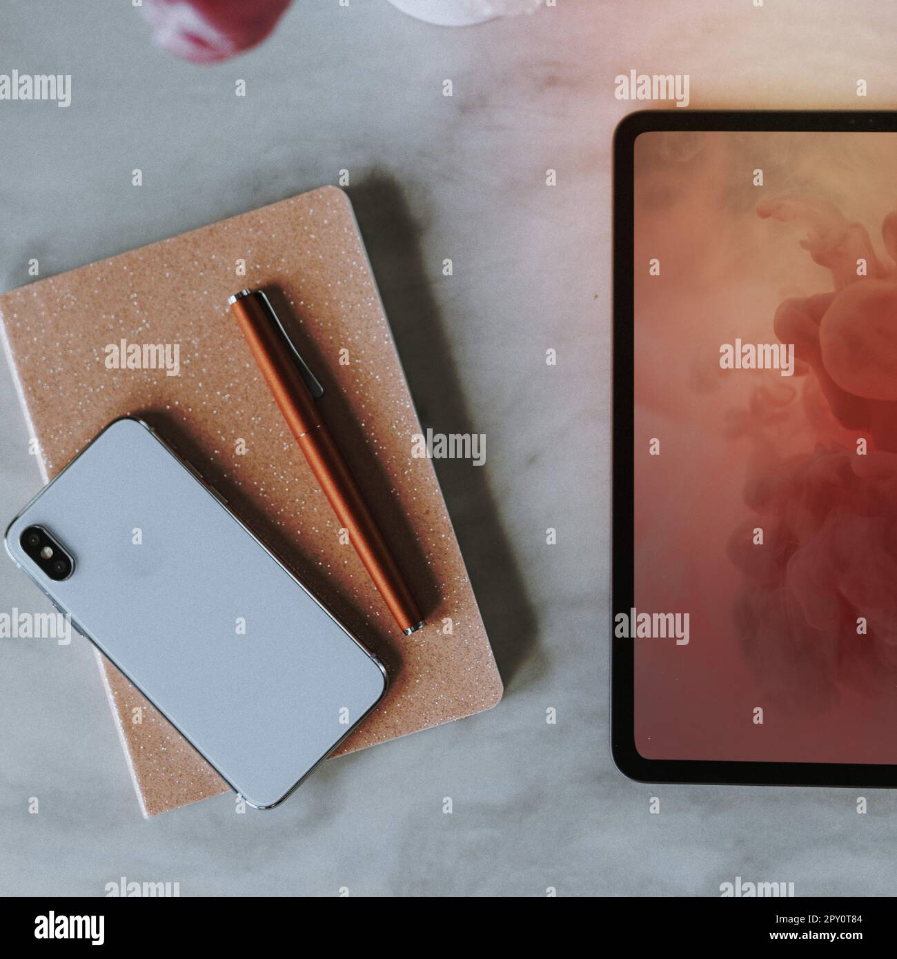 Aerial view of digital devices on table workplace Stock Photo - Alamy