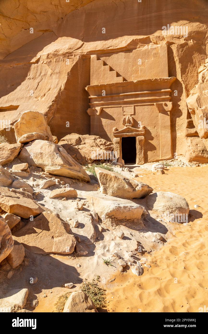 Carved in stone nabataean tomb in Jabal al Banat complex, Hegra, Al Ula ...