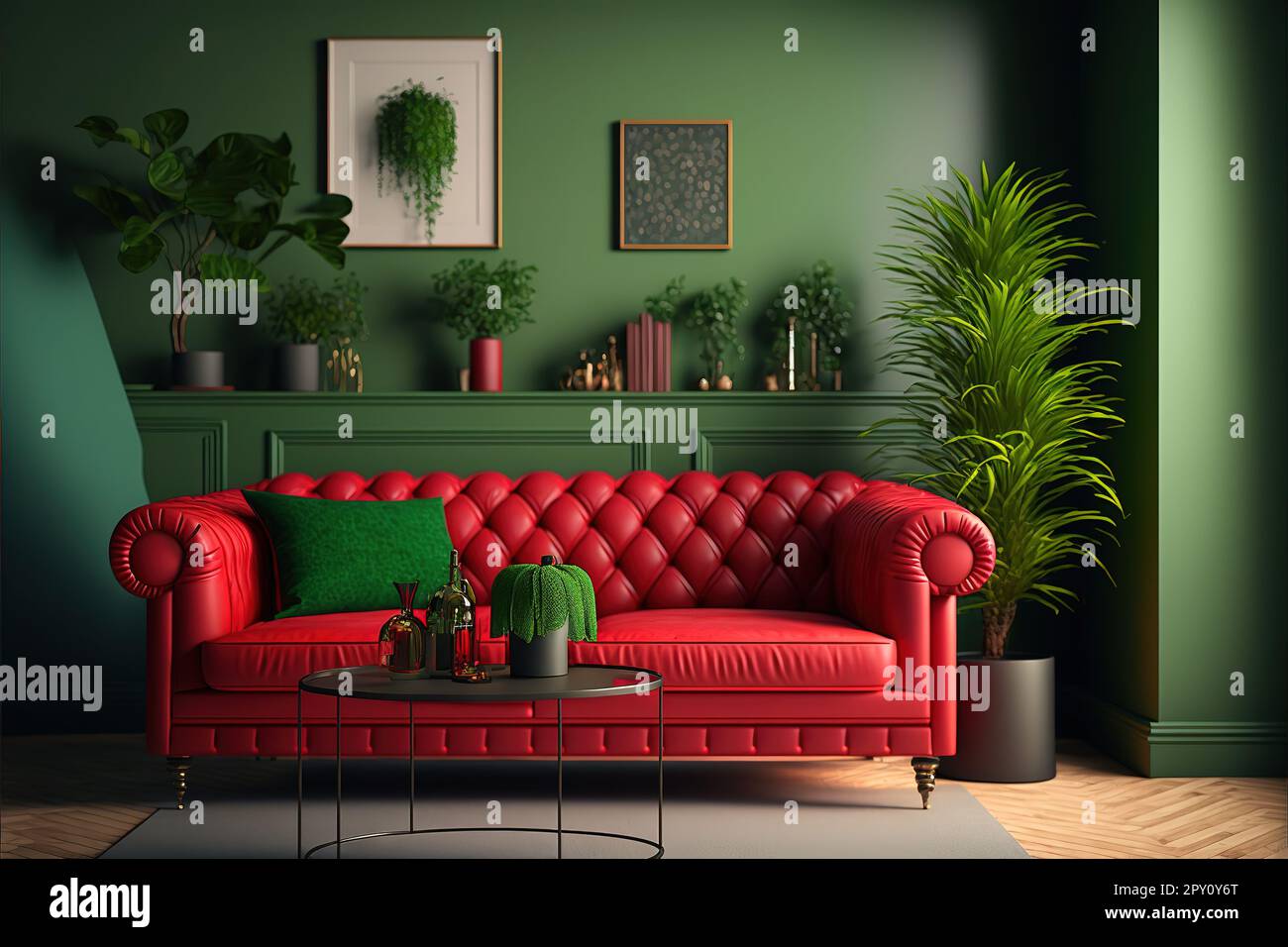 Home interior with red sofa, table and decor in green living room, 3d ...