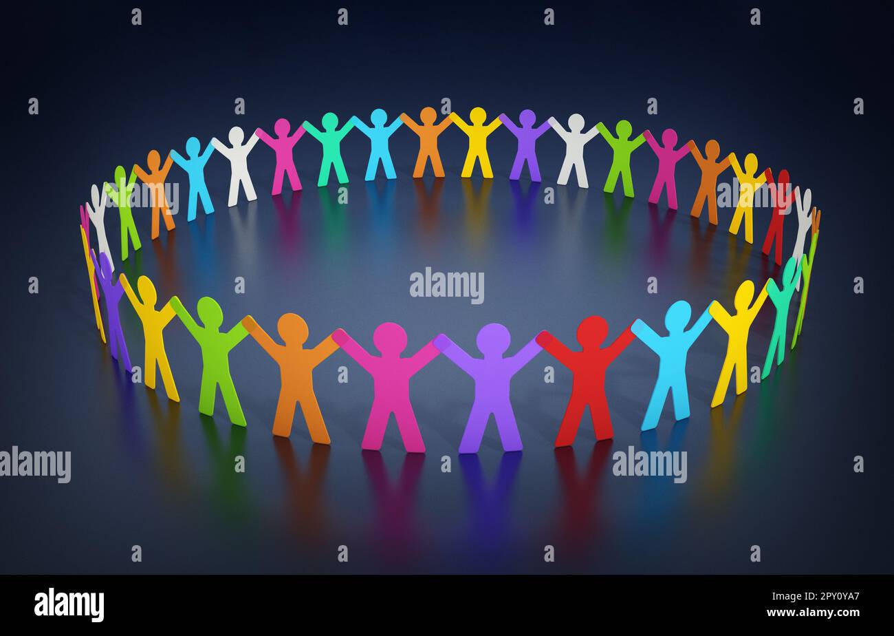 Colorful paper cut figures holding hands form a circle shape. Diversity and friendship concept ...