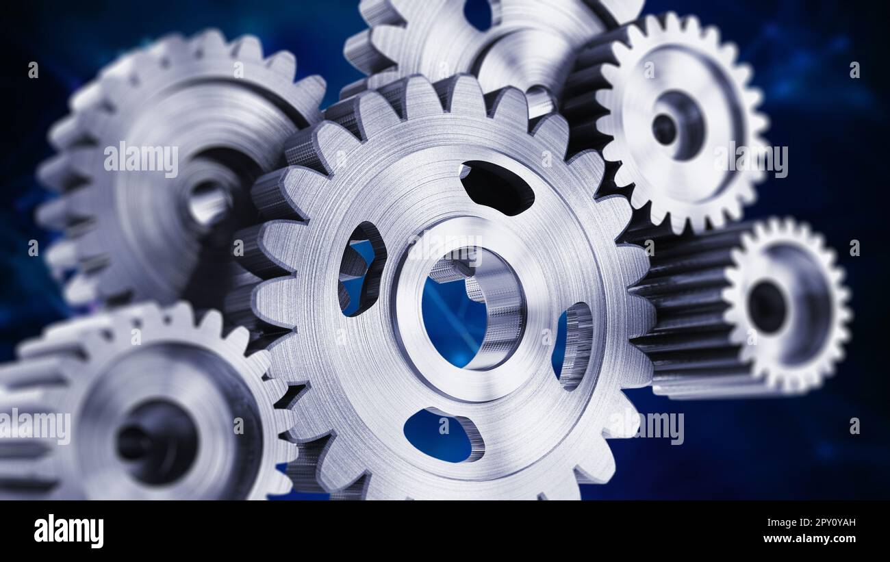 Gears connected to each other. 3D illustration Stock Photo - Alamy