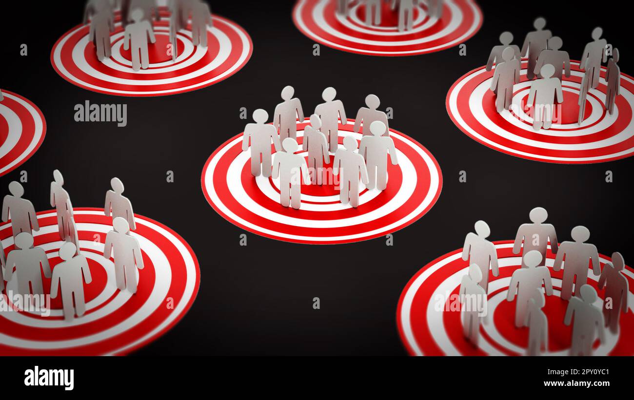 Target groups concept with people on target reticules. 3D illustration ...