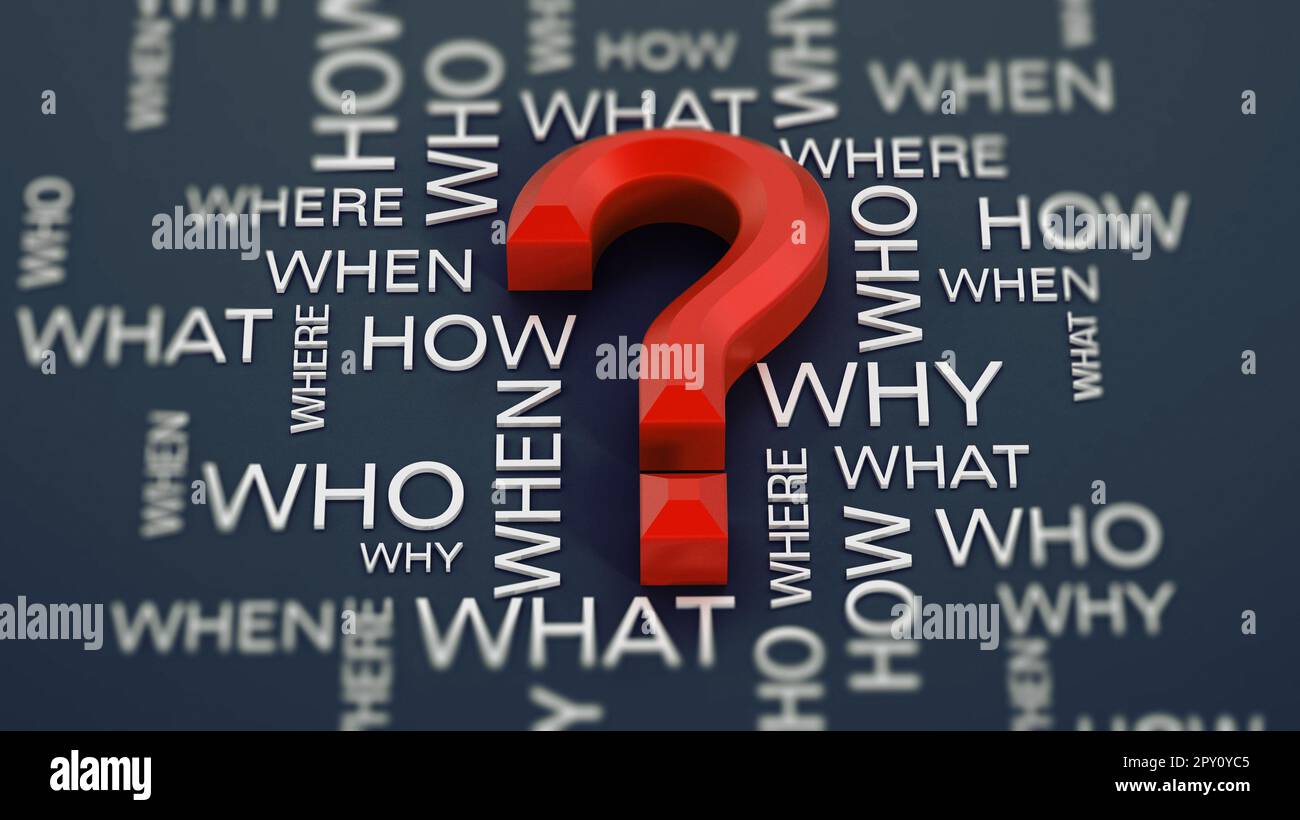 Question mark and question words on gray surface. 3D illustration Stock ...