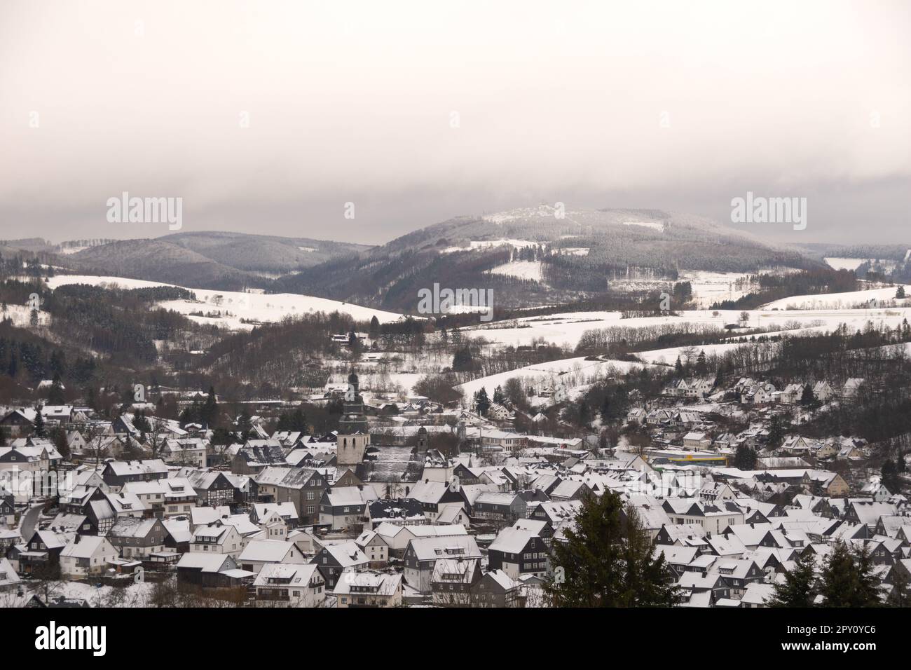 Winter landscape in the german Rothaargebirge with view to the german ...