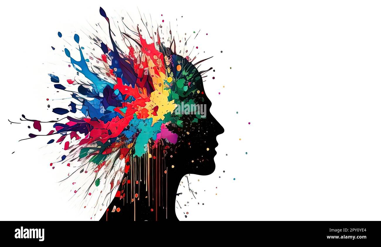 Conceptual illustration of black human head silhouette with multi ...