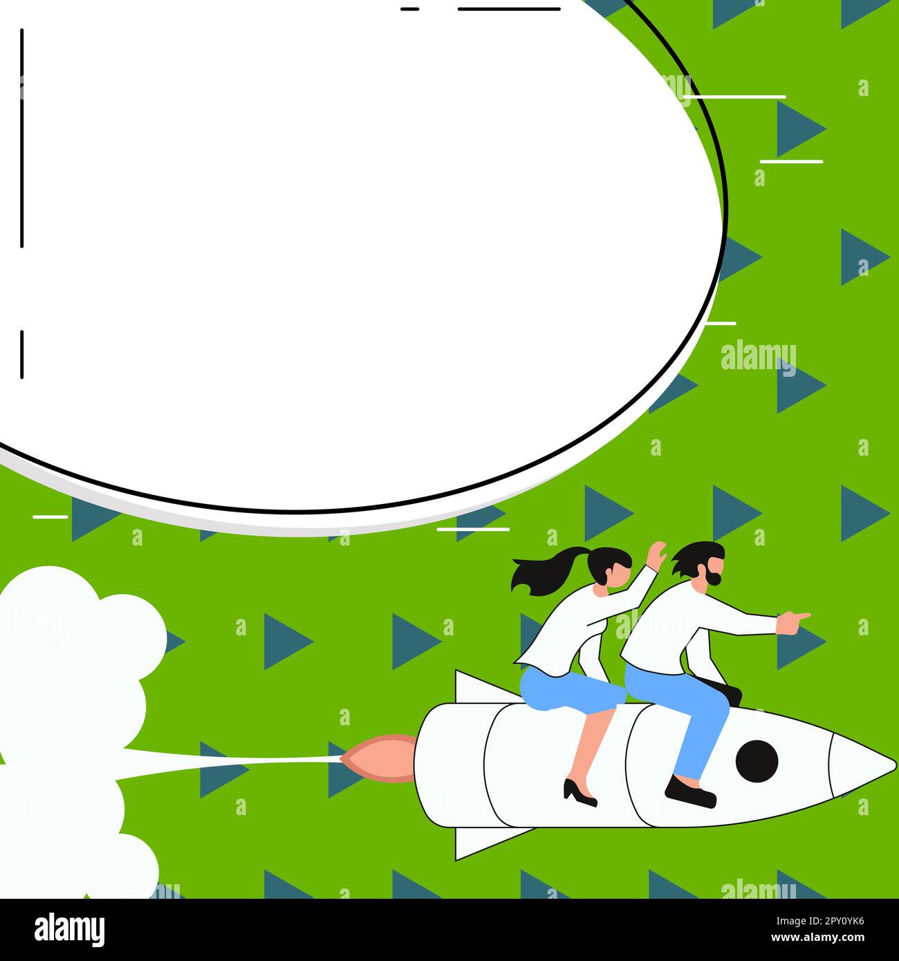 People on Rocket Ship Straight Up. Empty whiteboard on colored ...