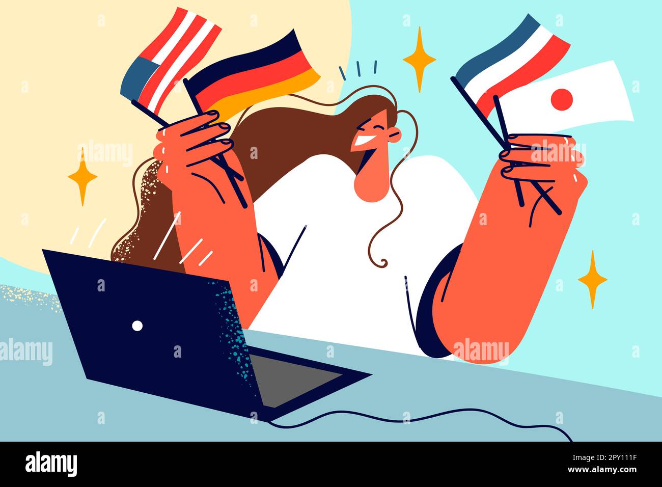 Smiling woman sit at desk with laptop holding flags of different ...