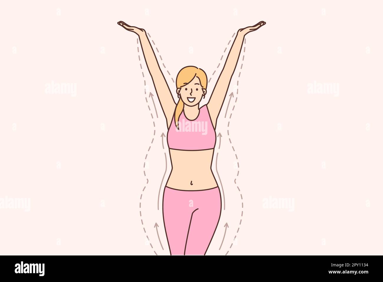 Slender woman raises hands up and smiles standing among lines ...