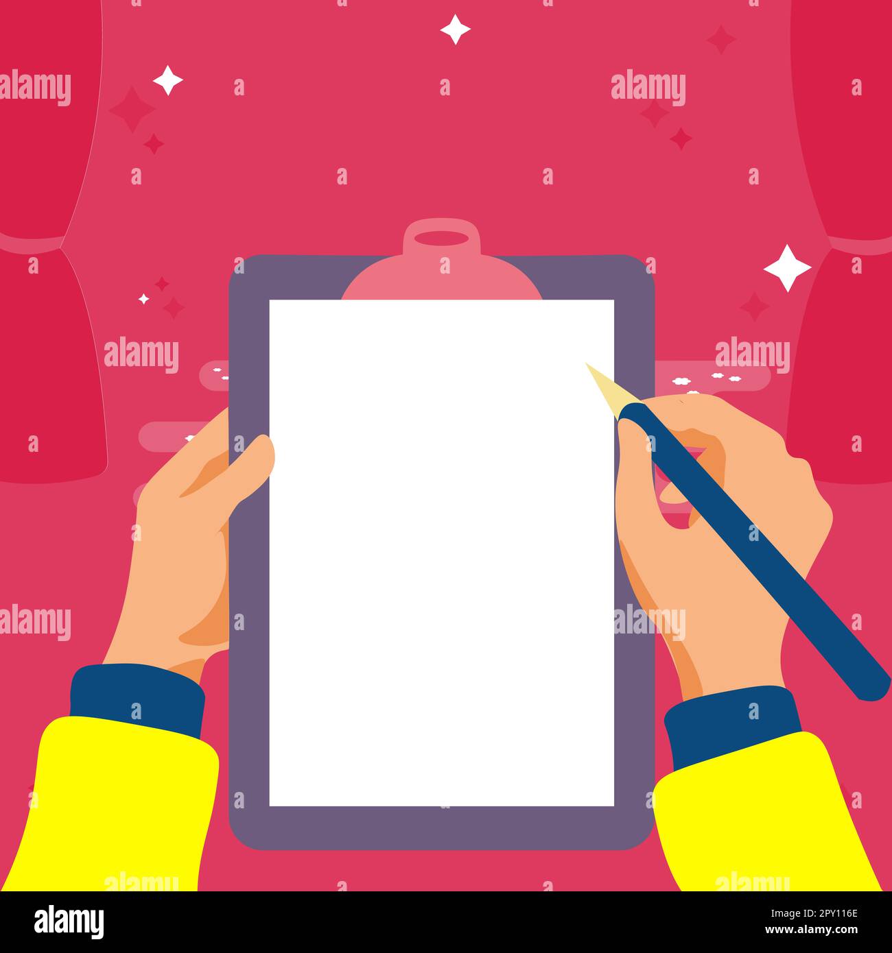 Illustration with hands holdings pencil writing text. New infromation ...