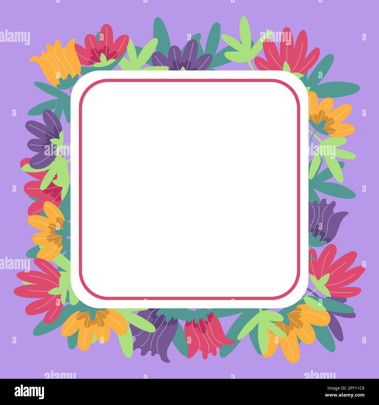 Blank purple Frame Decorated With Colorful Flowers And Foliage Stock ...
