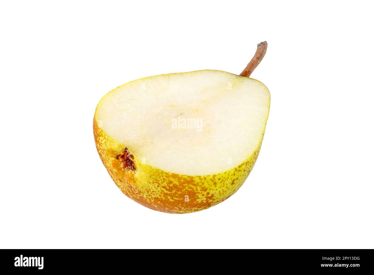 Rocha pear half fruit isolated on white. Yellow green spotted fruit ...