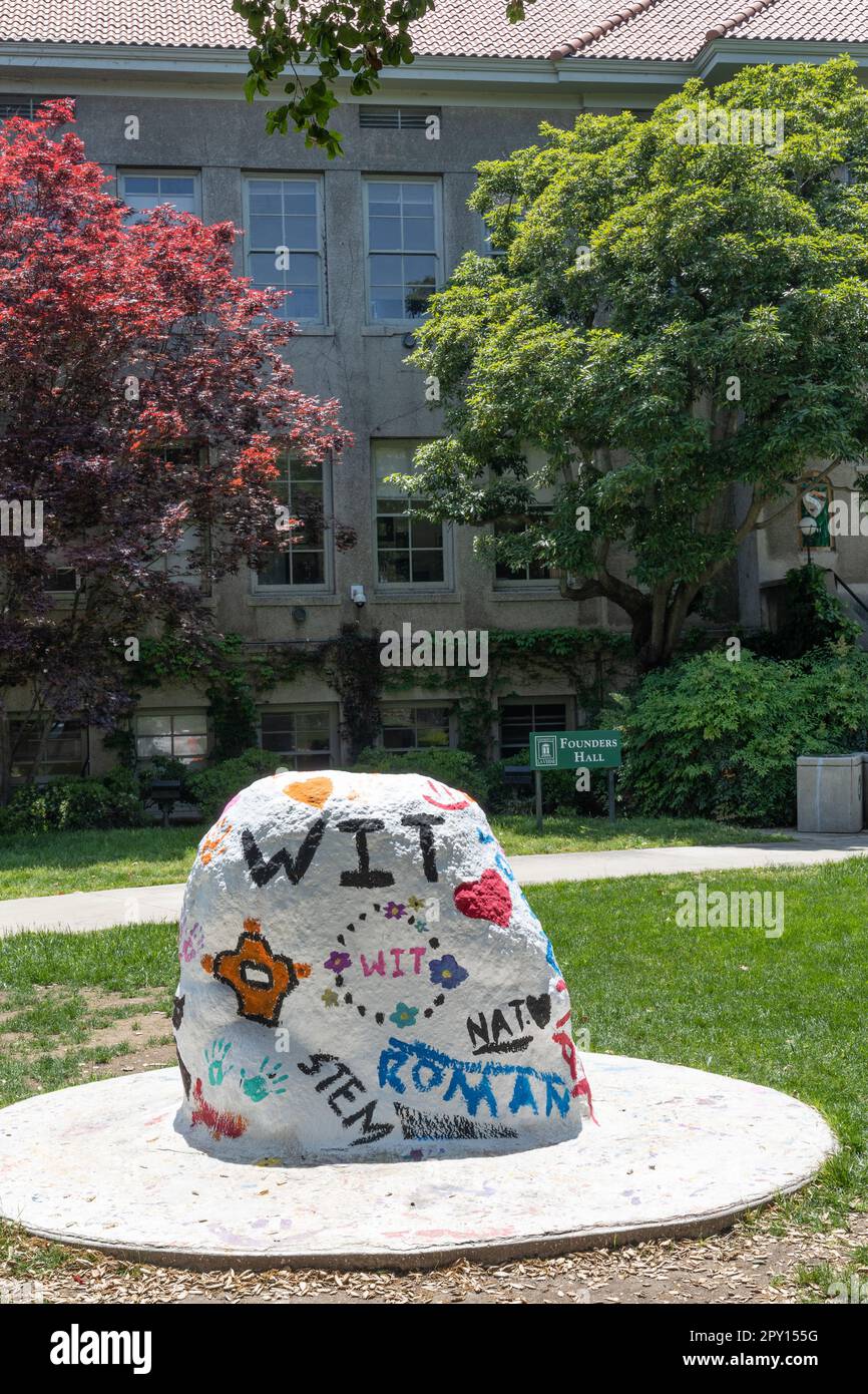 Painted rock in front of Founders Hall at the University of La Verne ...