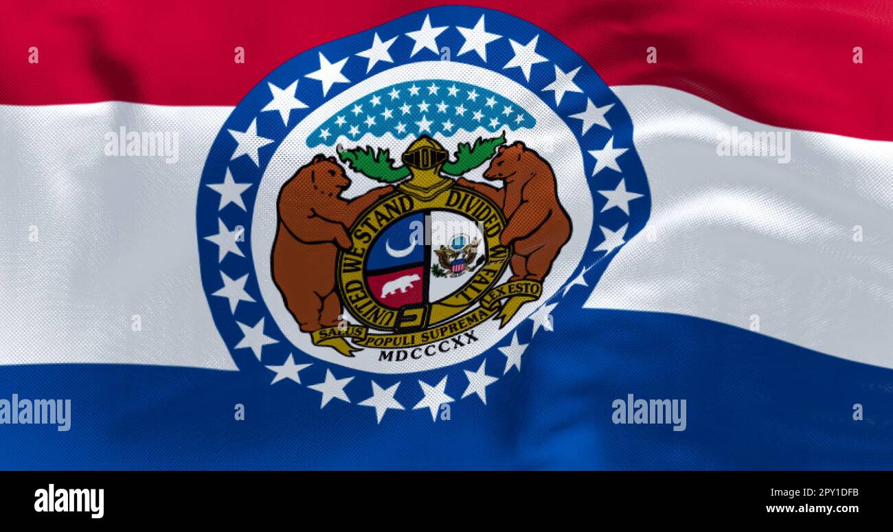 The US state flag of Missouri waving in the wind. Missouri is a state ...