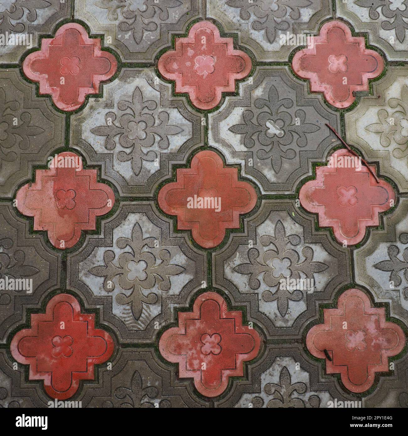 A cobbled street or road lined with square and rounded decorative ...