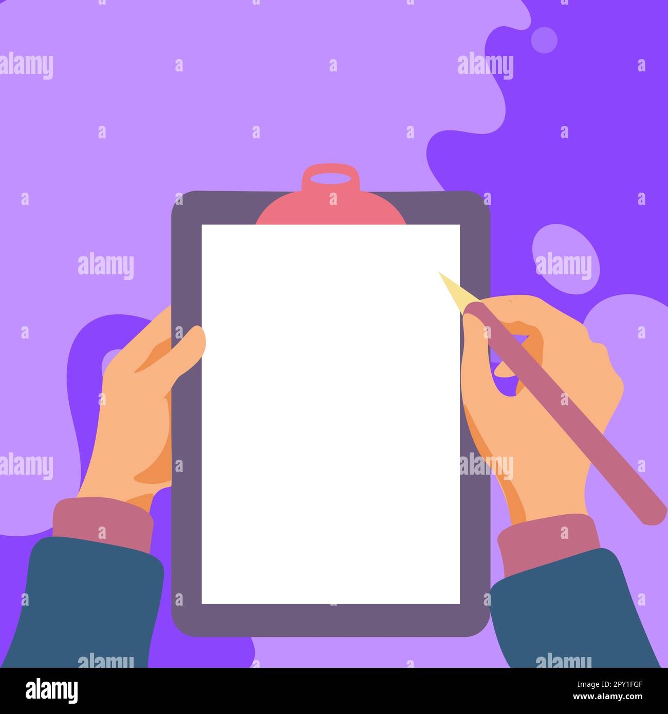 Illustration with hands holdings pencil writing text. New infromation ...