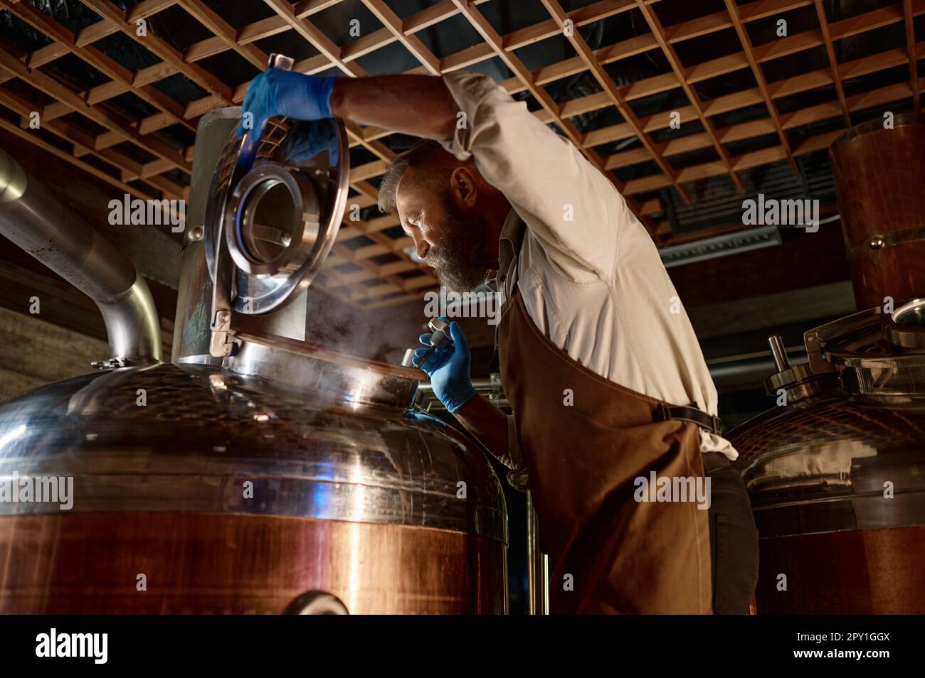Handsome adult brewer inspecting process of brewing beer with steam ...