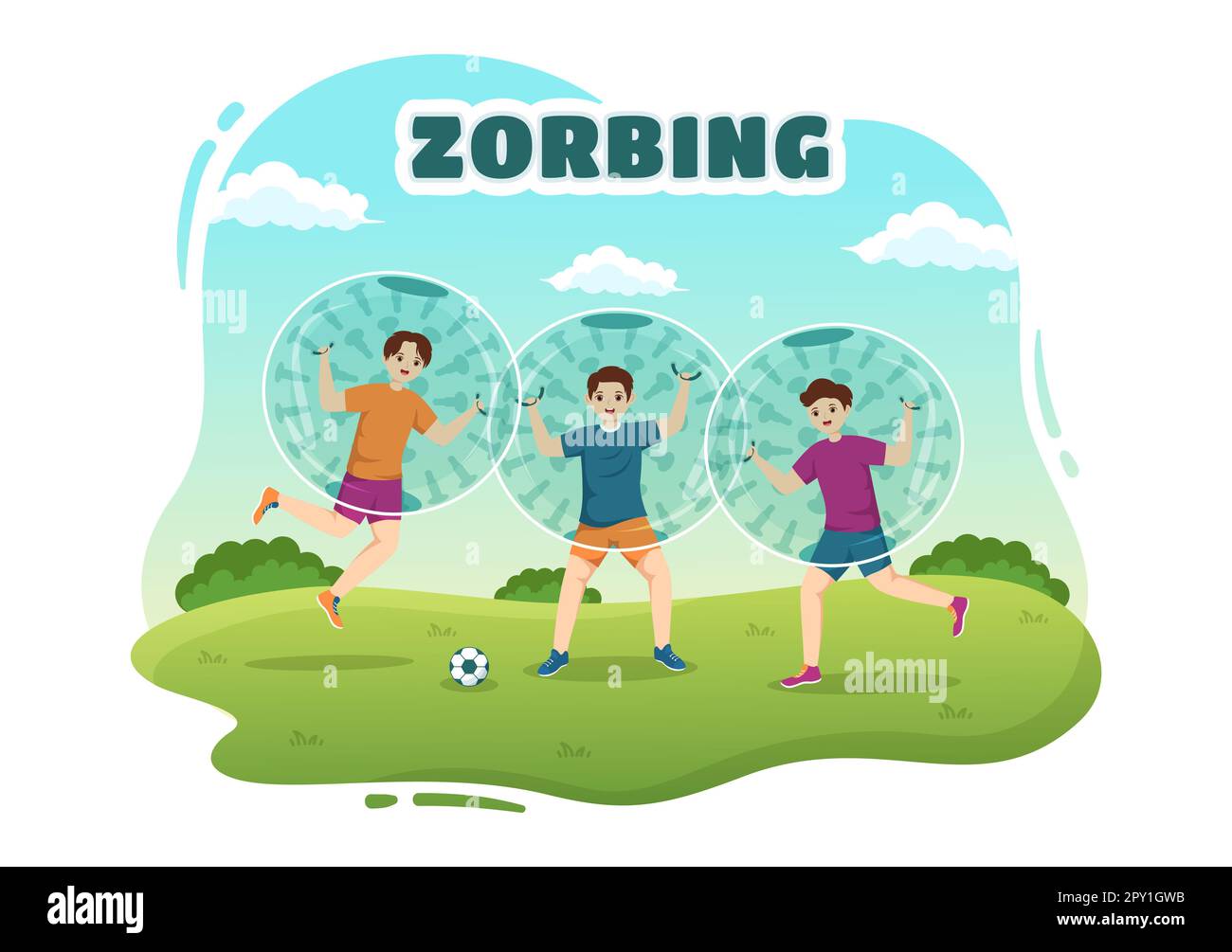 Zorbing Illustration with People Playing Bubble Bump on Green Field or ...