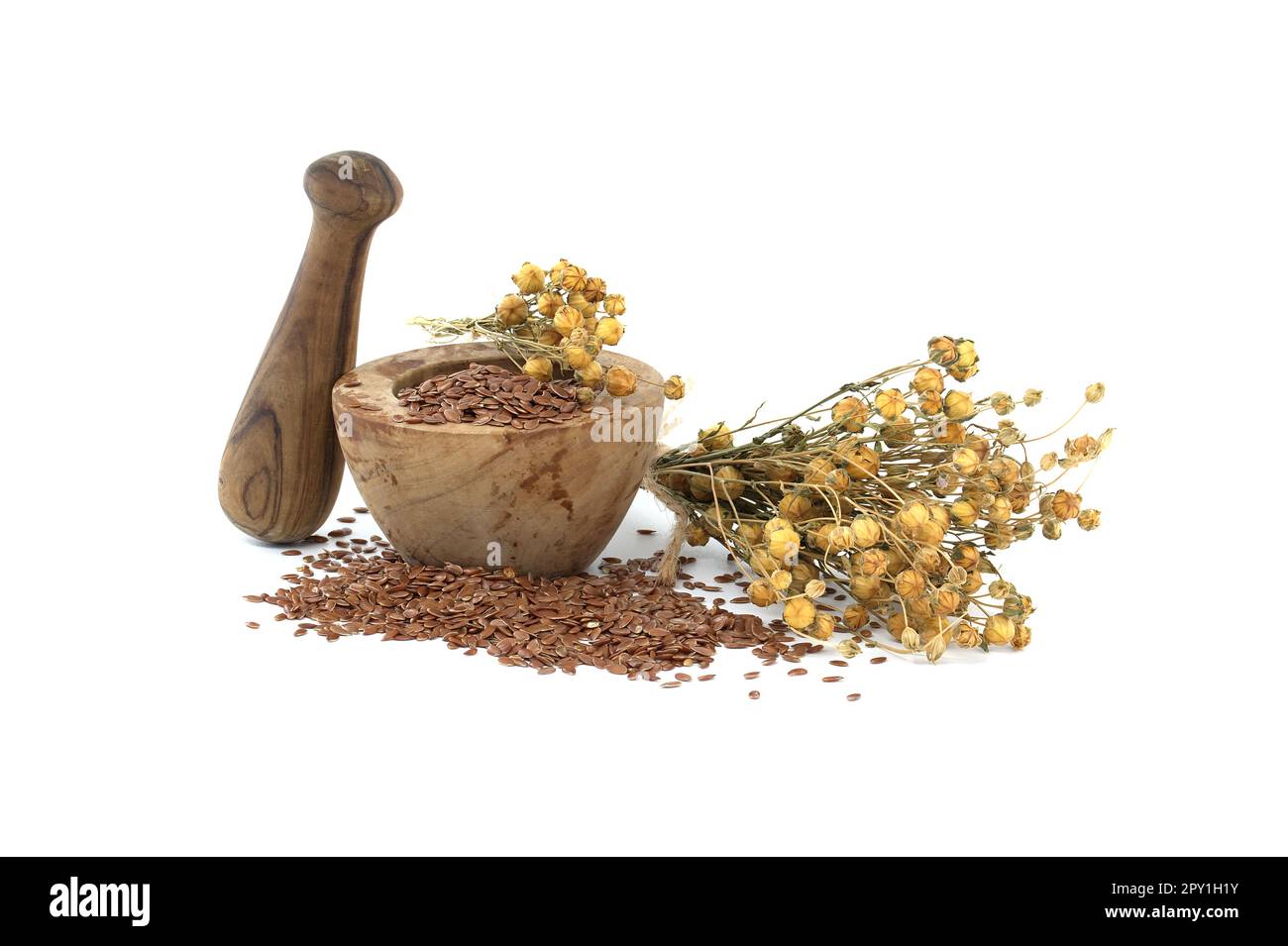 Linseed in wooden rustic-style mortar with pestle and bunch of flax plants isolated on white ...