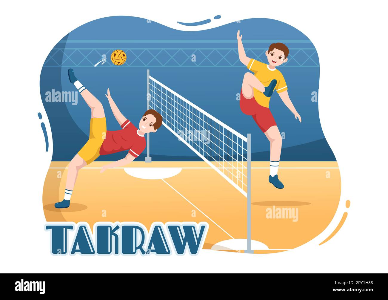 Sepak Takraw Illustration with Athlete Playing Kick Ball on Court in ...