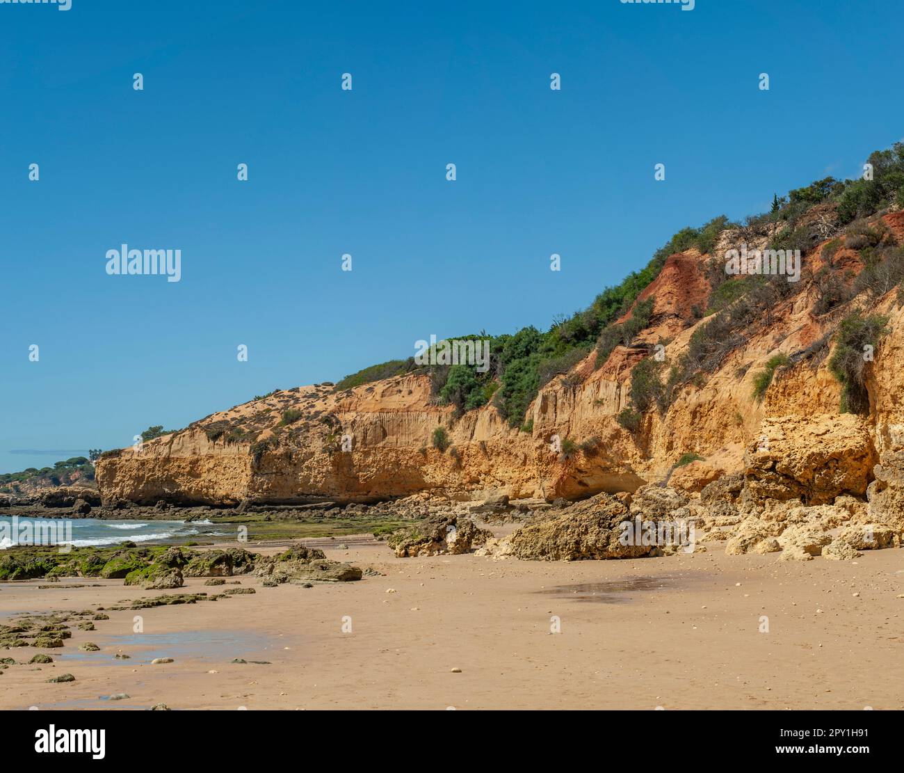 Maria Luisa beach with rock formation in Albufeira, Algarve, Portugal ...