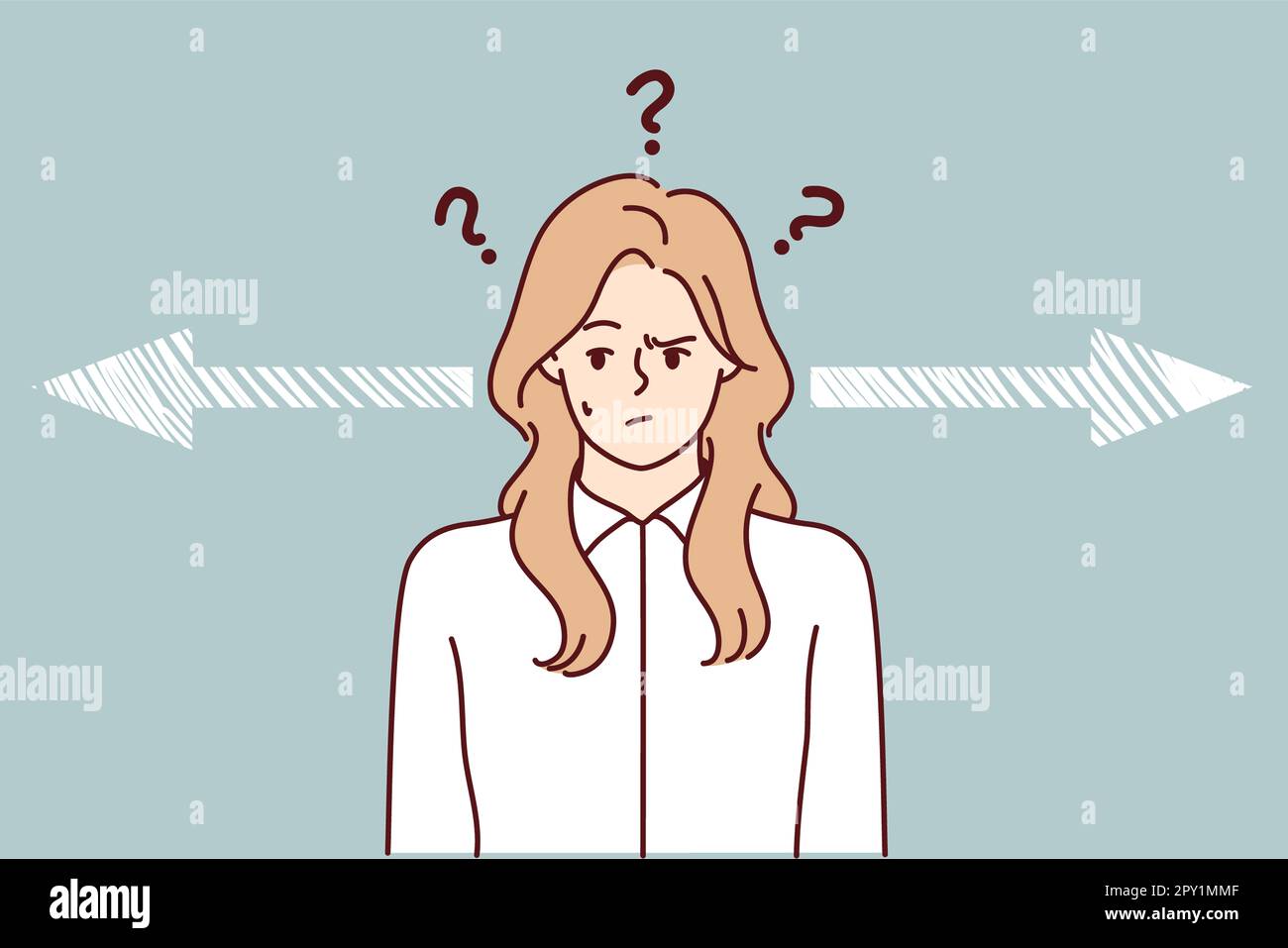 Discouraged woman near arrows pointing in different directions for hard ...