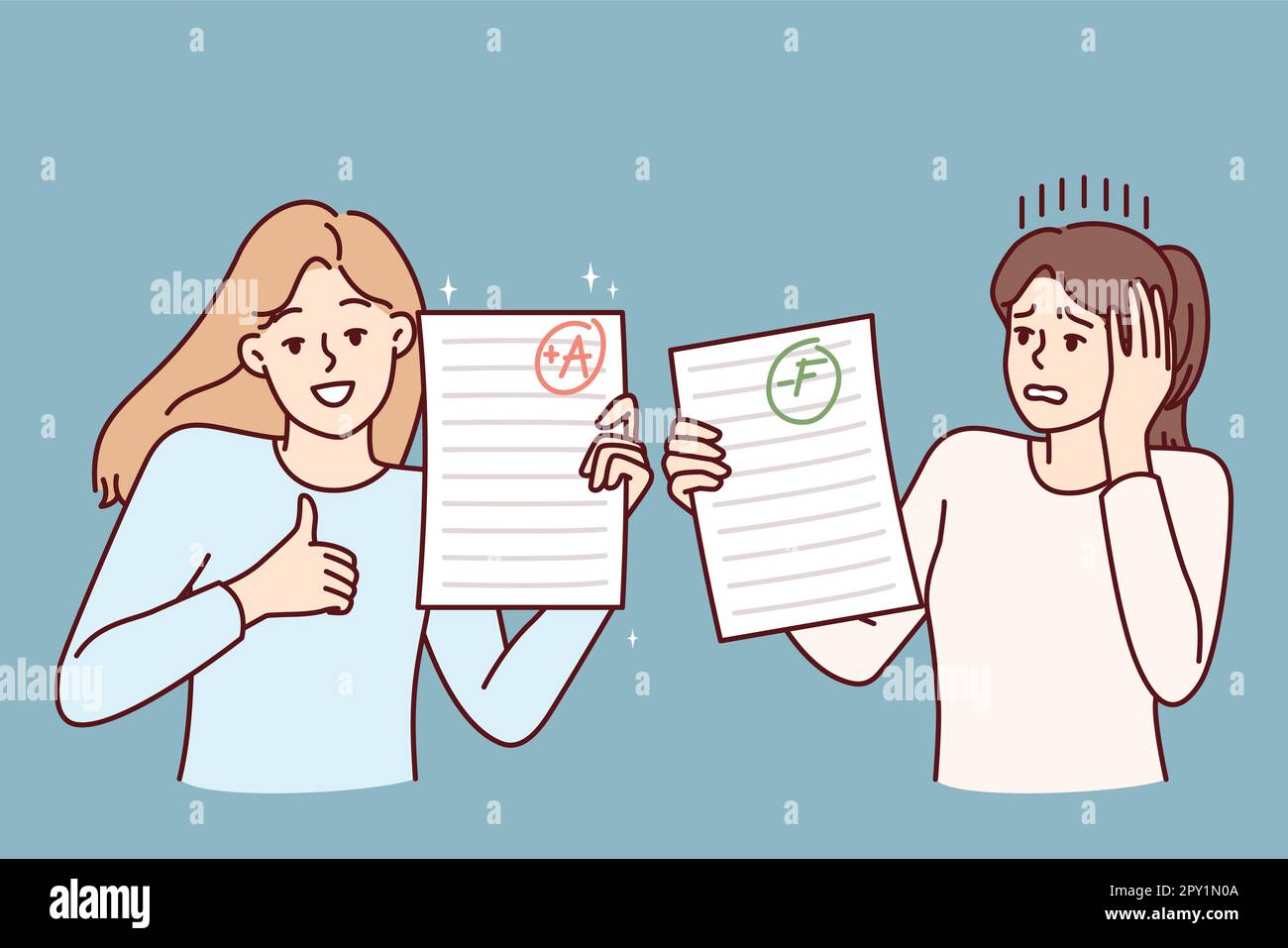 Two teen girls demonstrate sheets paper with positive and negative mark ...