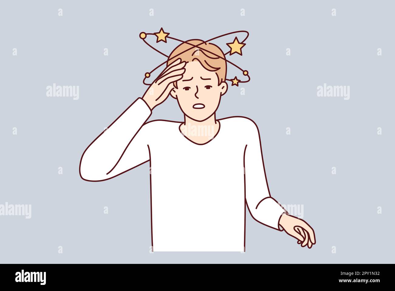 Suffering man experiencing pain in head after severe injury puts hand ...