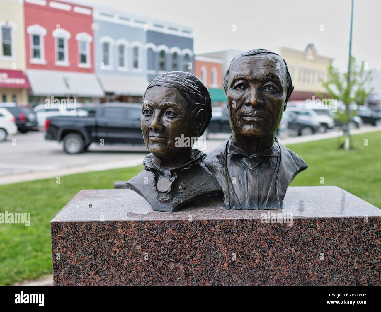 Paola, Kansas - April 27, 2023: Sculpture of Baptiste and Mary Ann ...