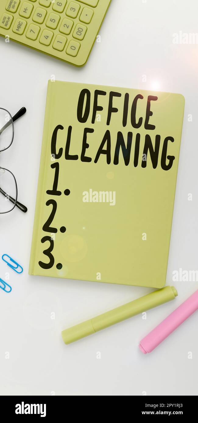 Sign displaying Office Cleaning, Word for the action or process of ...