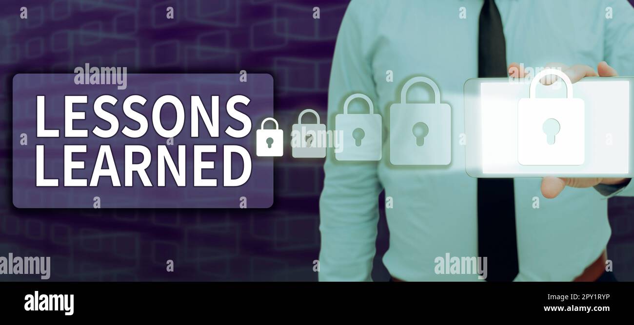 Hand writing sign Lessons Learned, Word Written on Promote share and use knowledge derived from ...