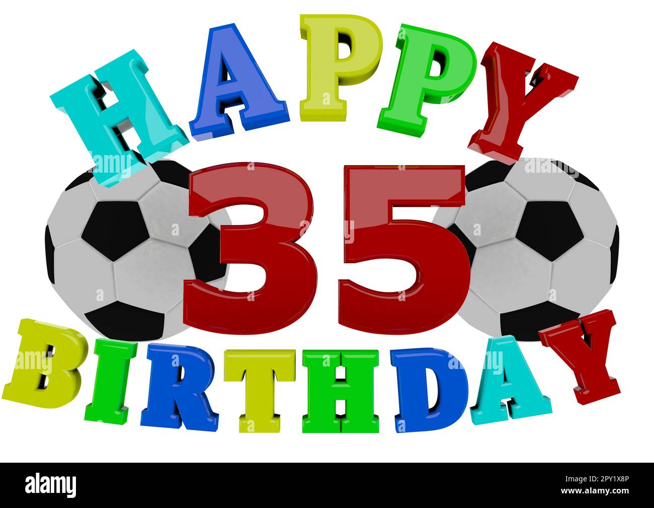 A 3D Rendering with lettering Happy Birthday two footballs and a big ...